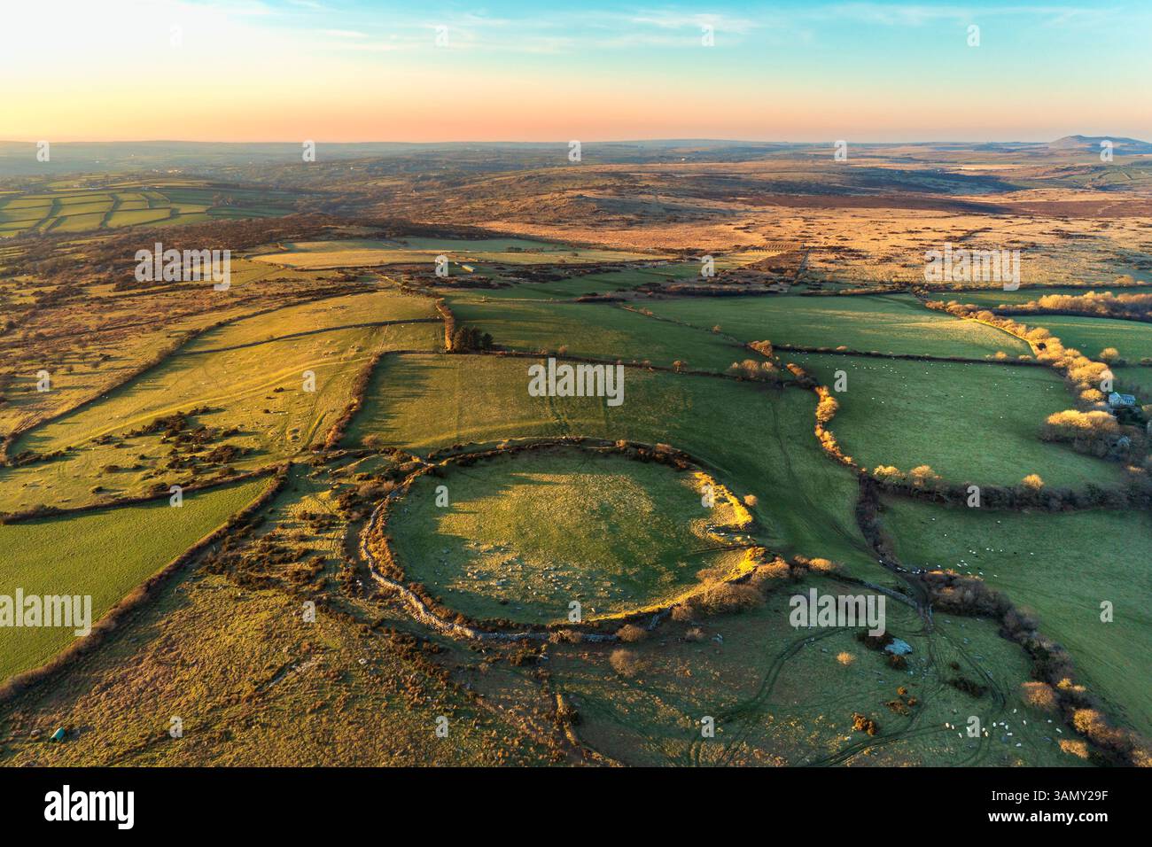 Aerial view of beautiful agricultural fields and rugged meadows with a ...