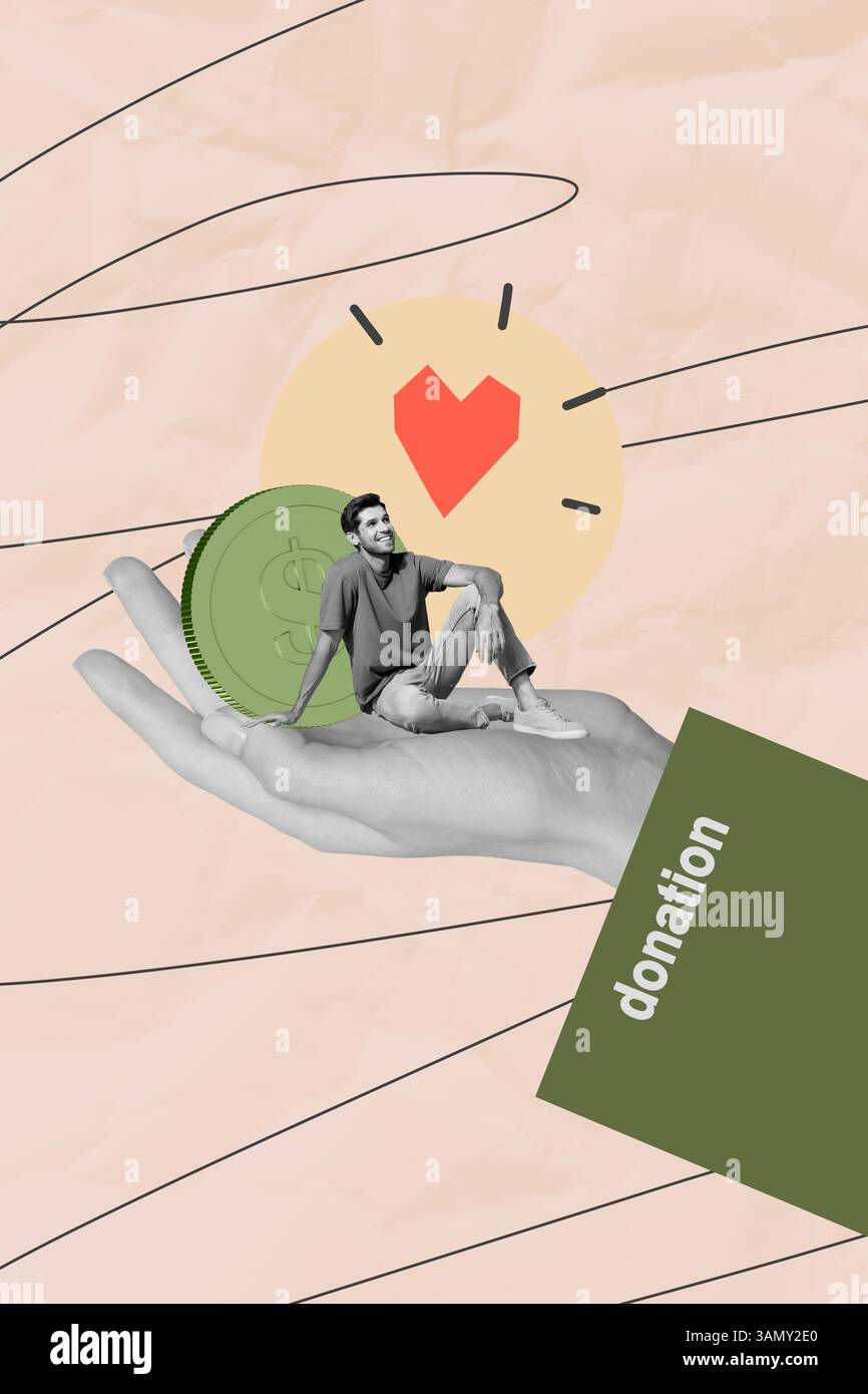 Collage design trend artwork sketch of hand hold small man sit smile ...