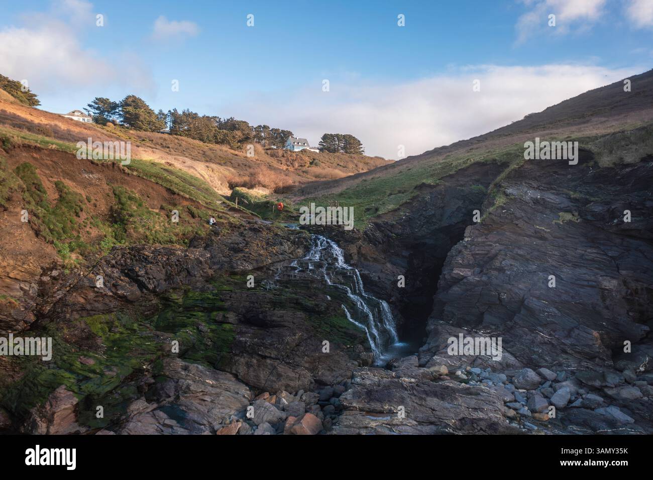 Aerial view of waterfall in Epphaven Cove, Port Quin, England Stock ...