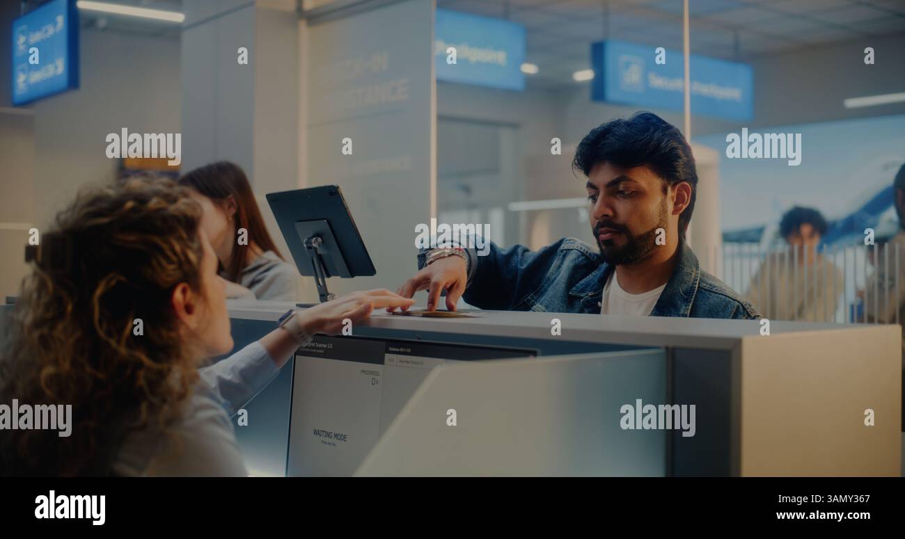 Airport Check-in Counter: Female Airline Worker Checking Personal ID ...
