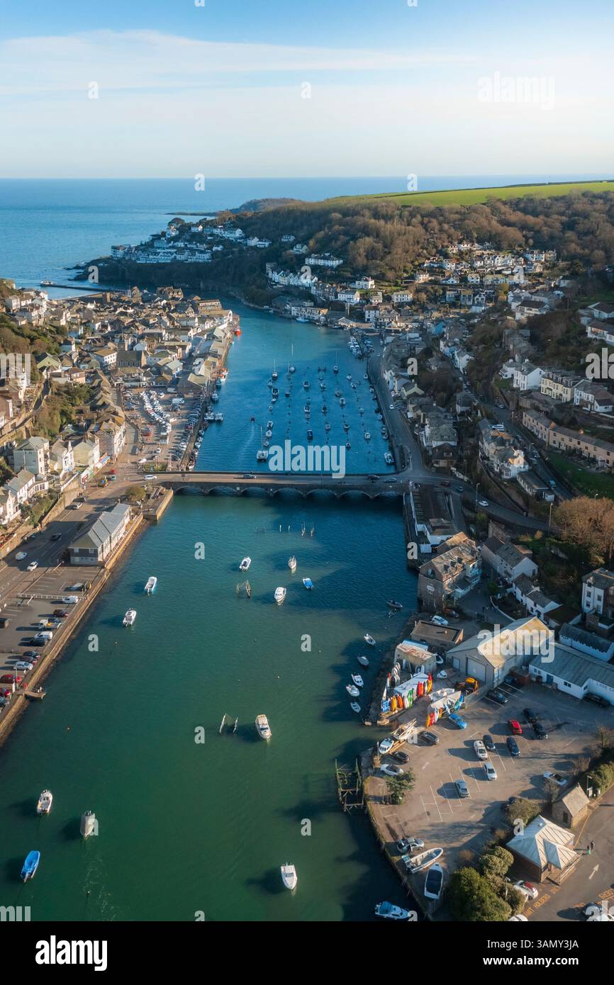 Aerial view of Looe, Looe River and iconic bridge, Cornwall, United ...