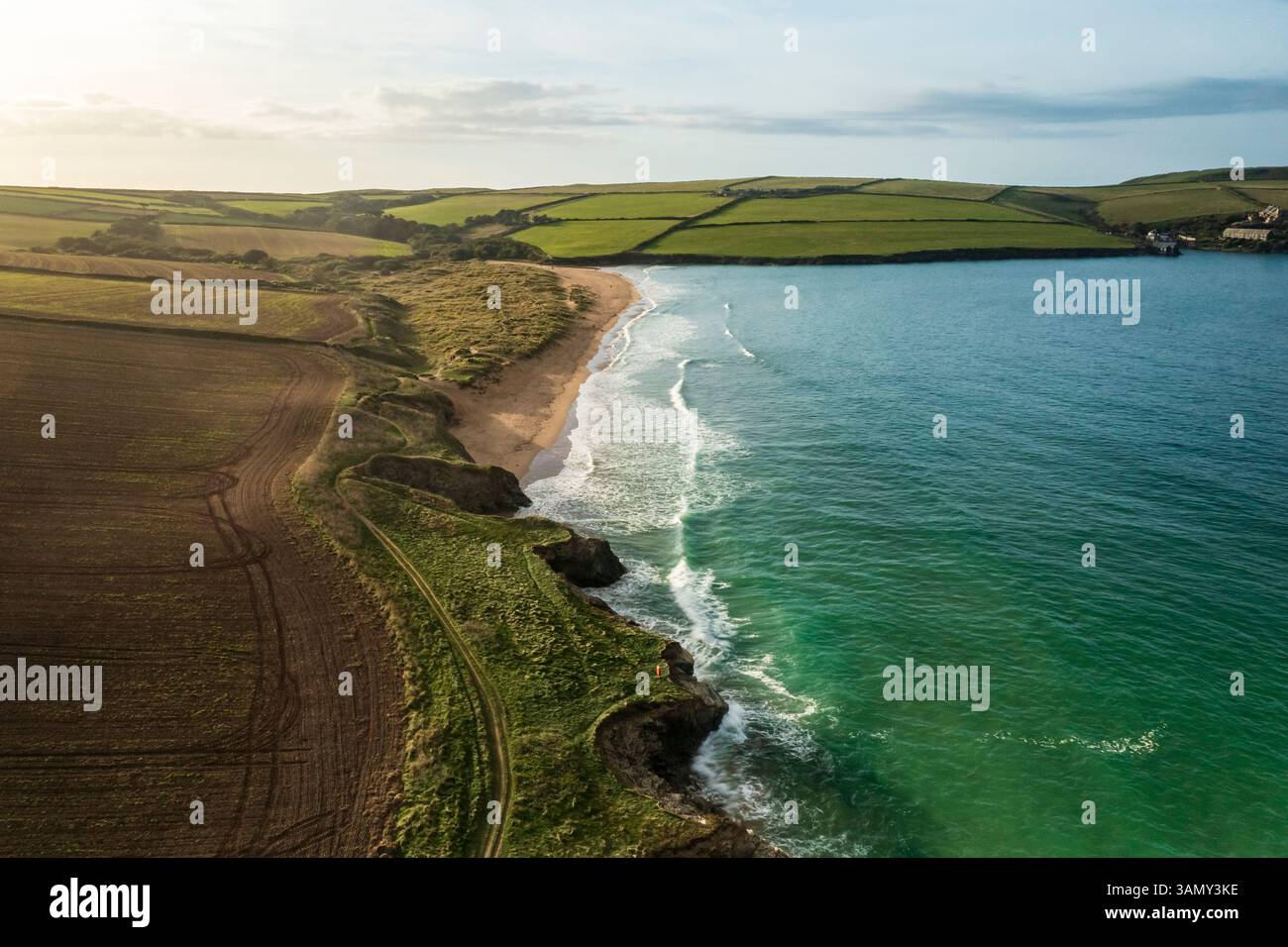 Aerial view of Harbour cove beach and sand dunes showing the sea and ...