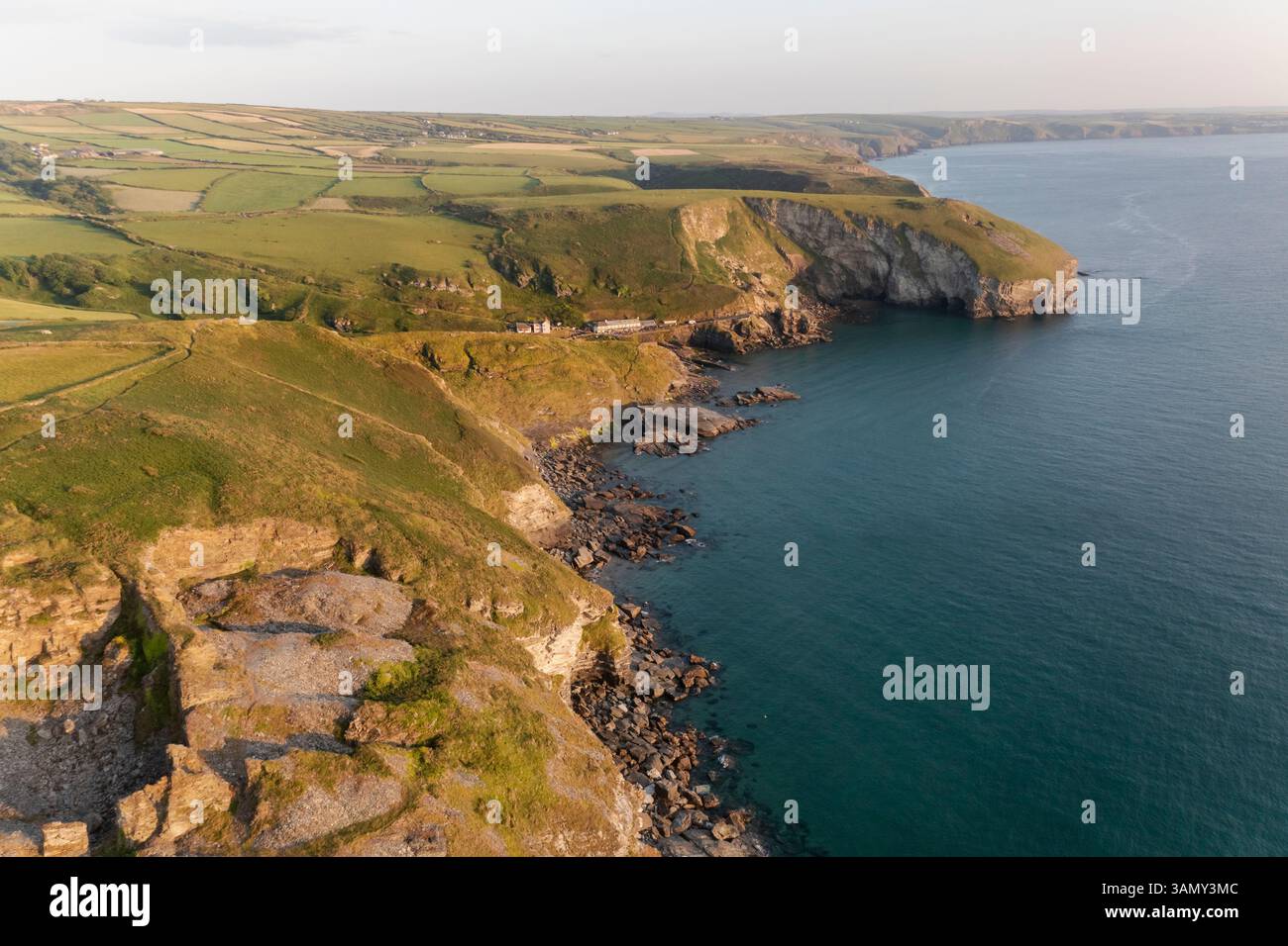 Aerial view of Trebarwith Strand and beach, Tintagel, Cornwall, United ...