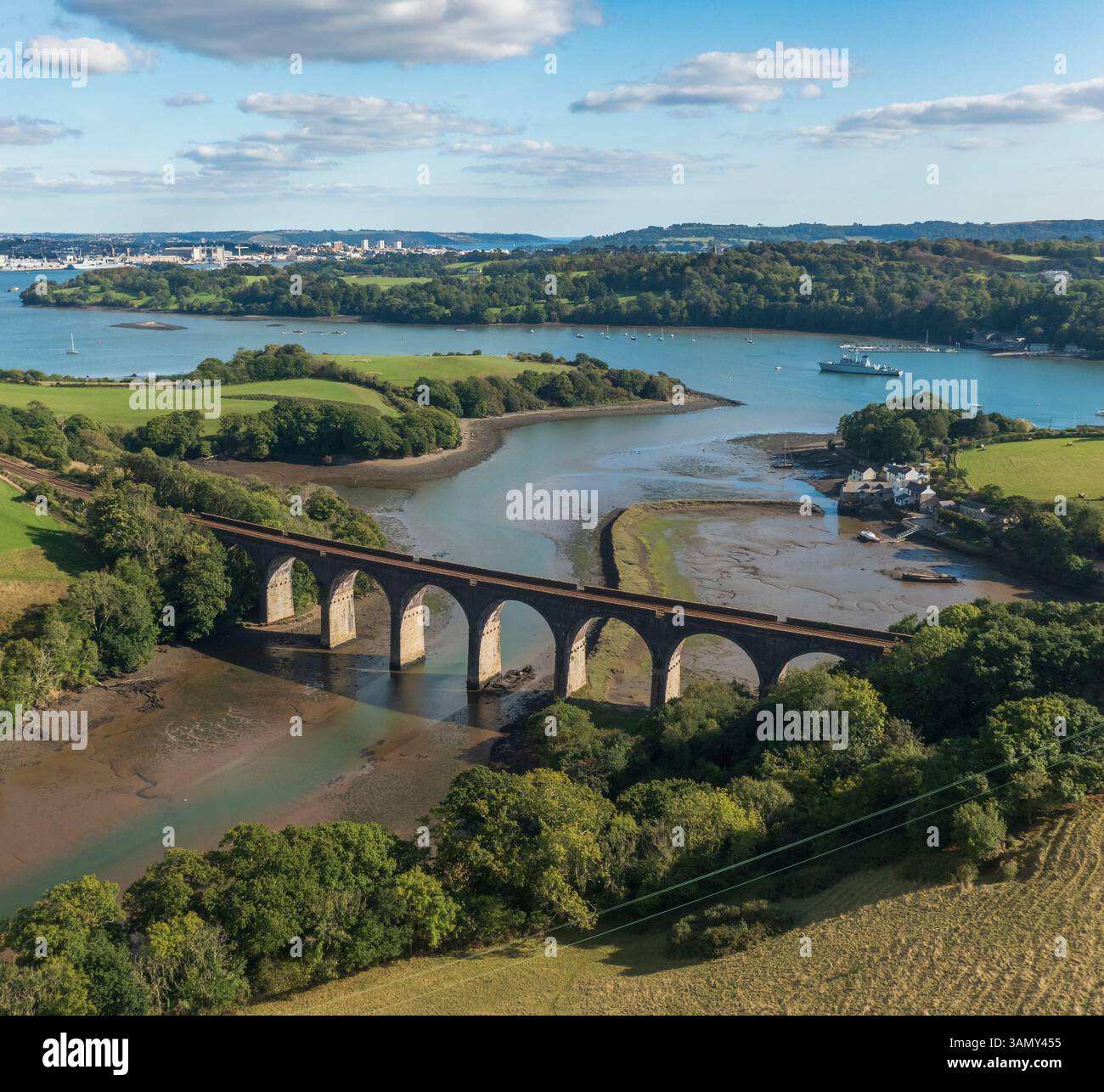 Aerial view of Forder viaduct at lowtide with River Lynher, Forder ...