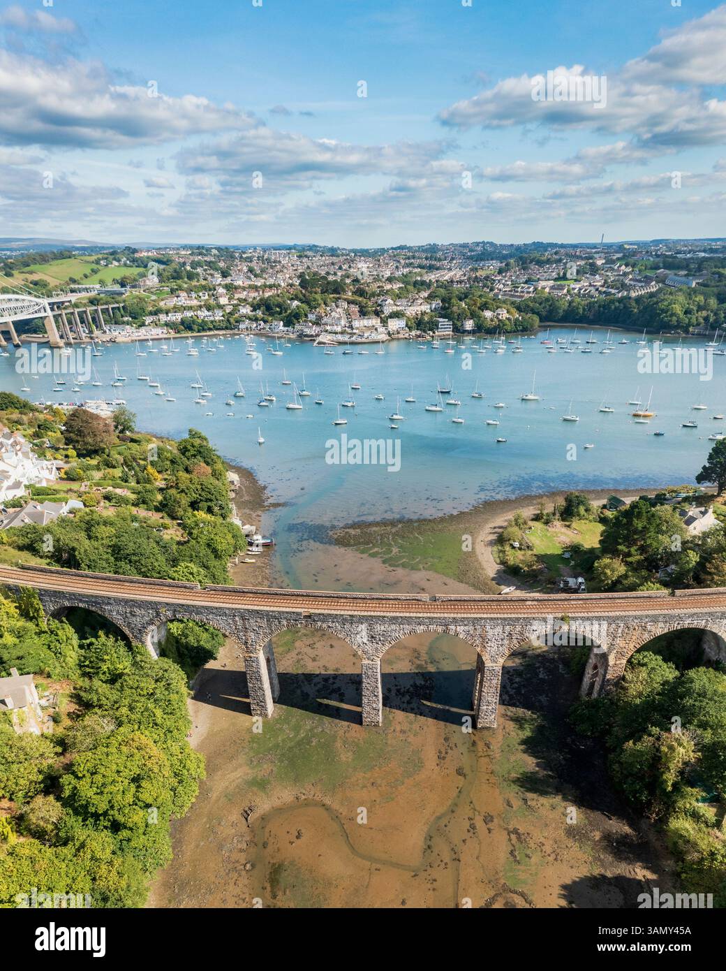 Aerial view of Coombe Viaduct, Tamar Bridge and the Royal Albert Bridge ...