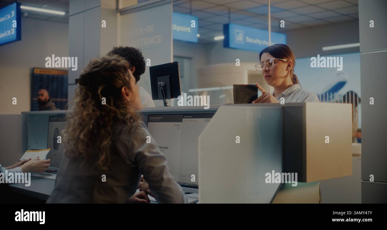 Diverse Passengers at Airport Check-in Counter: Female Airline Worker ...