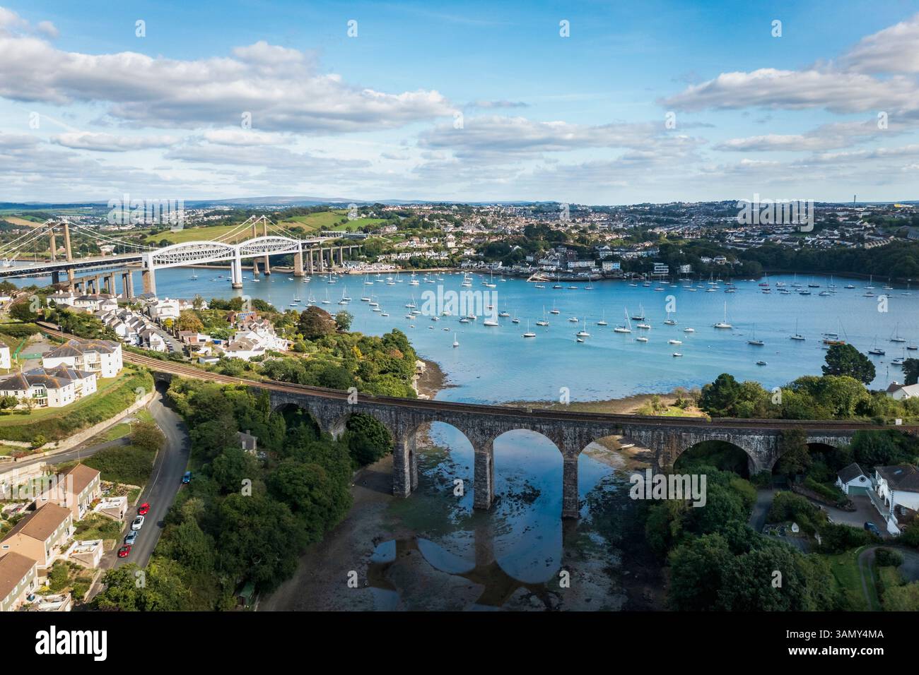 Aerial view of Coombe Viaduct, Tamar Bridge and the Royal Albert Bridge ...