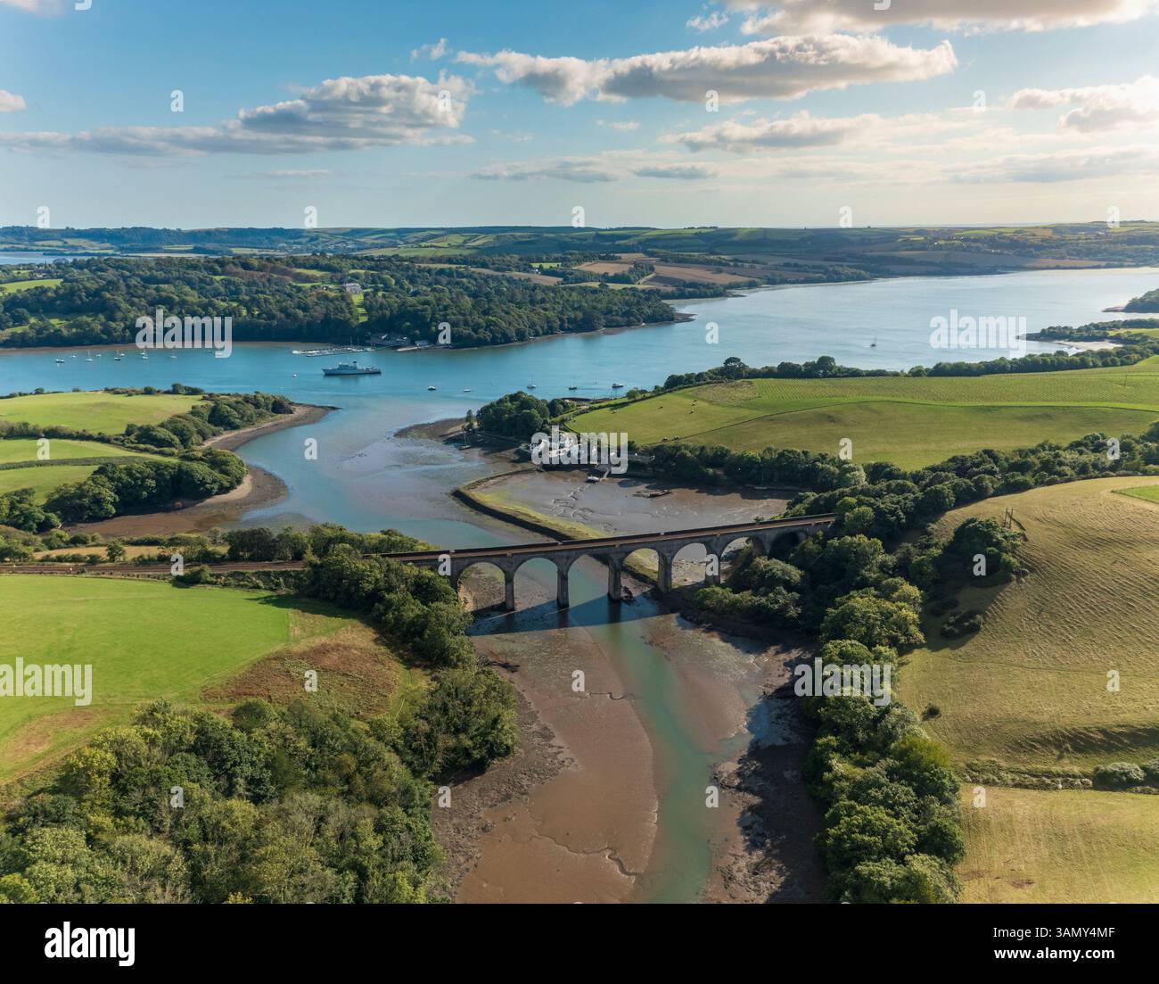 Aerial view of Forder viaduct at lowtide with River Lynher, Forder ...