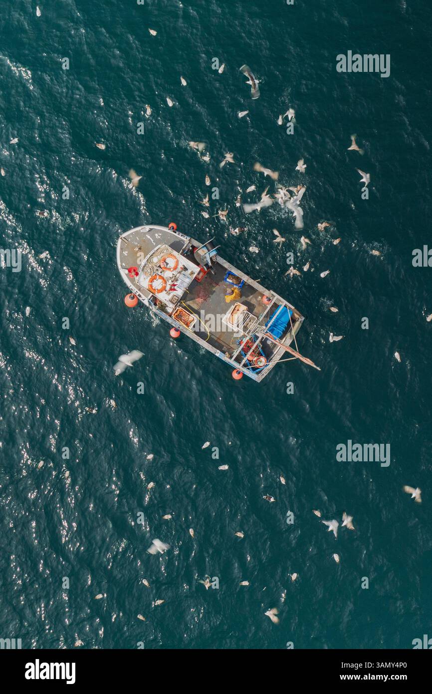 Aerial view of fishing boat in turquoise sea pulling in lobster & crab ...