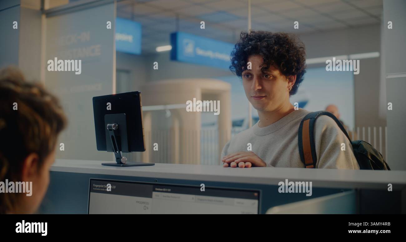 Airport Check-in Counter: Young Man Giving Documents and Airplane ...
