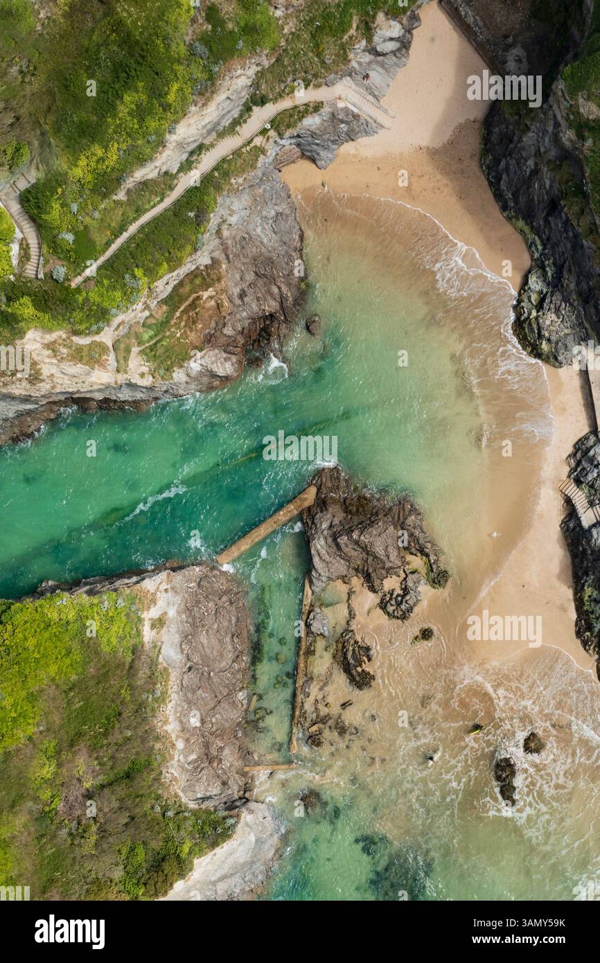 Aerial view of Towans Beach of The Island House Bridge, Newquay ...