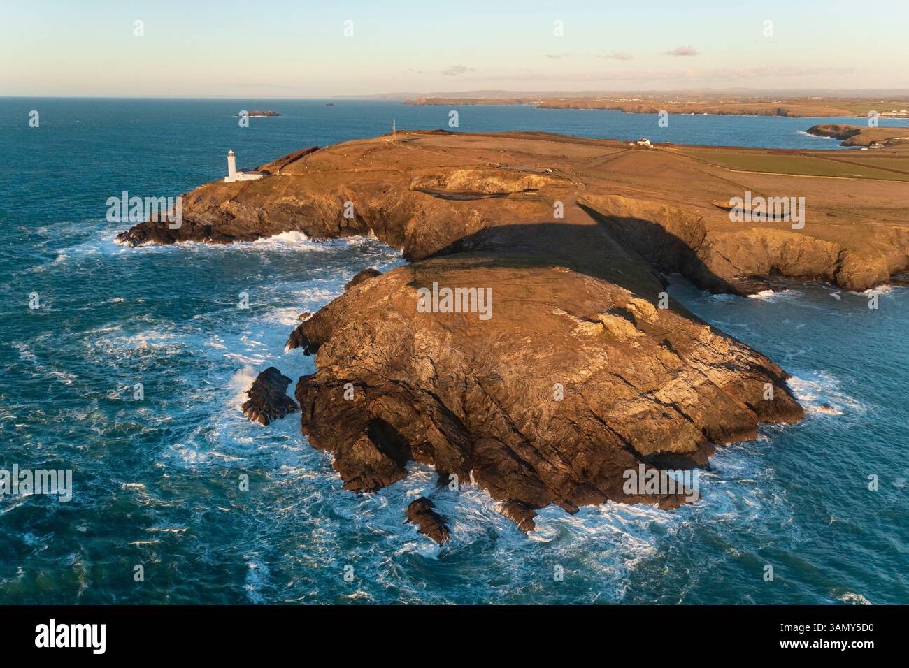 Panoramic aerial view of Trevose head and the Lighthouse at sunset ...