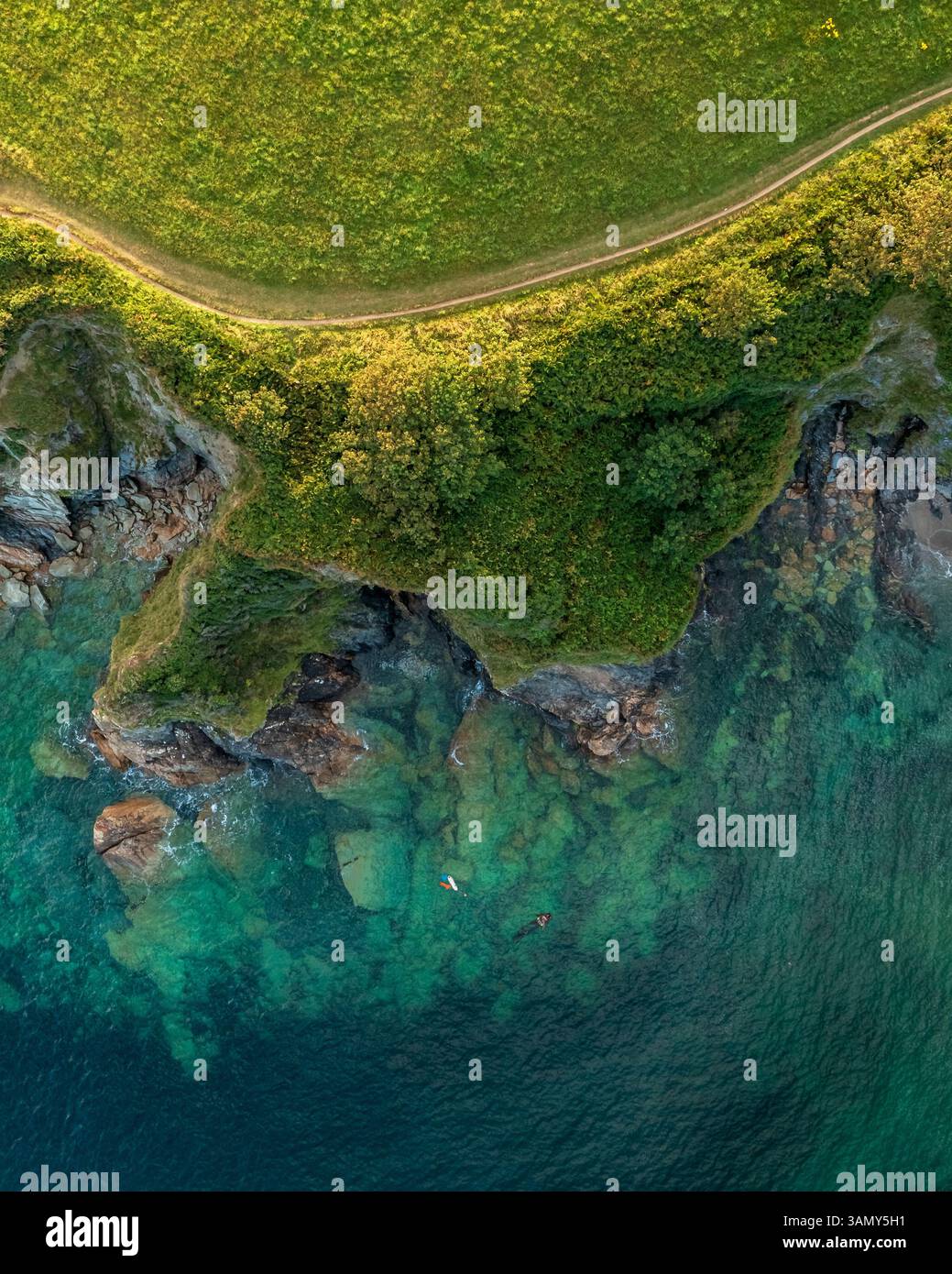 Aerial view of a person doing scuba diving along the wild coastline ...