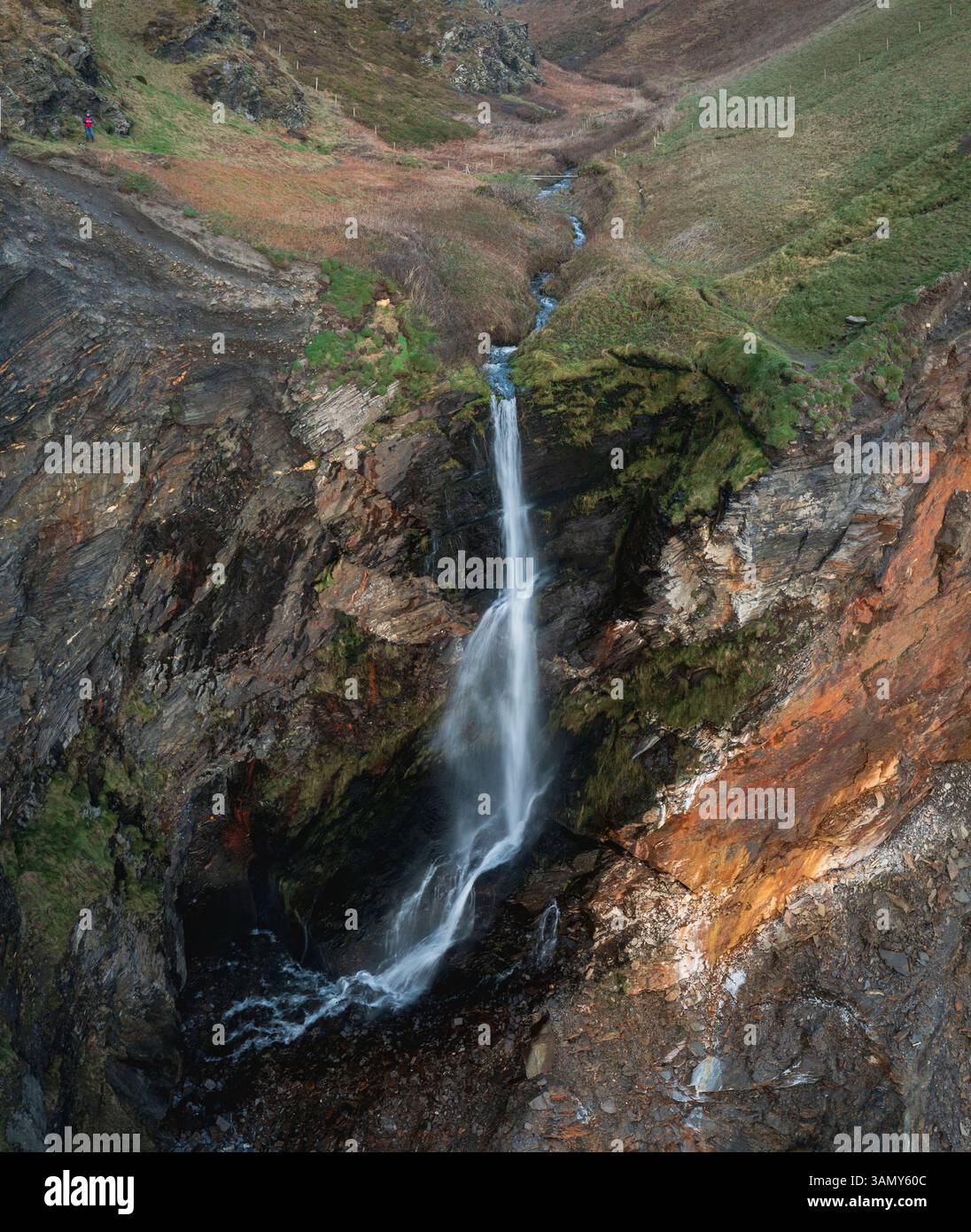 Aerial view of Pentargon Waterfall, dramatic, sunset, winter, Boscastle ...