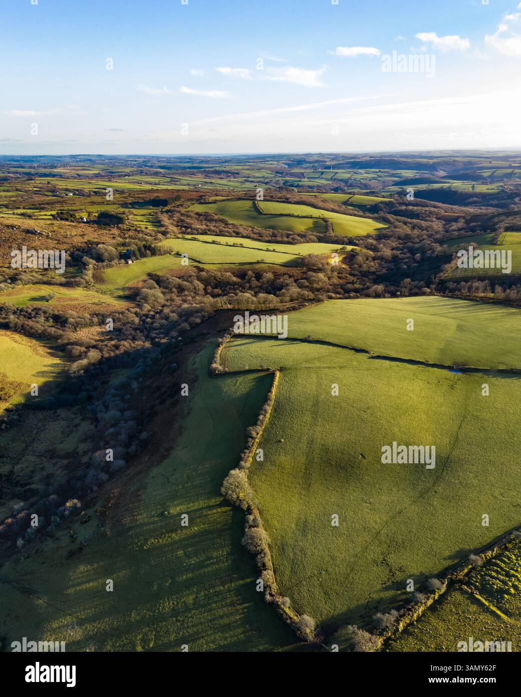 Aerial view of countryside, Agriculture, at sunrise, Bodmin Moor ...