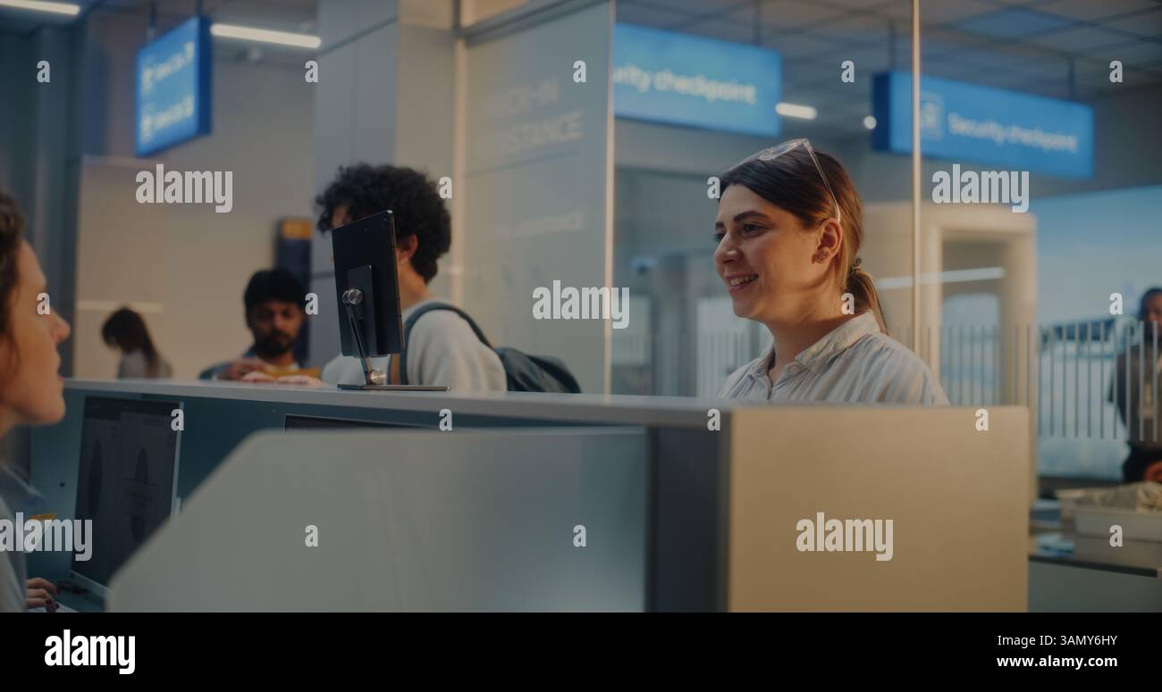Airport Check-in Counter: Woman Giving Passport and Airplane Ticket to ...