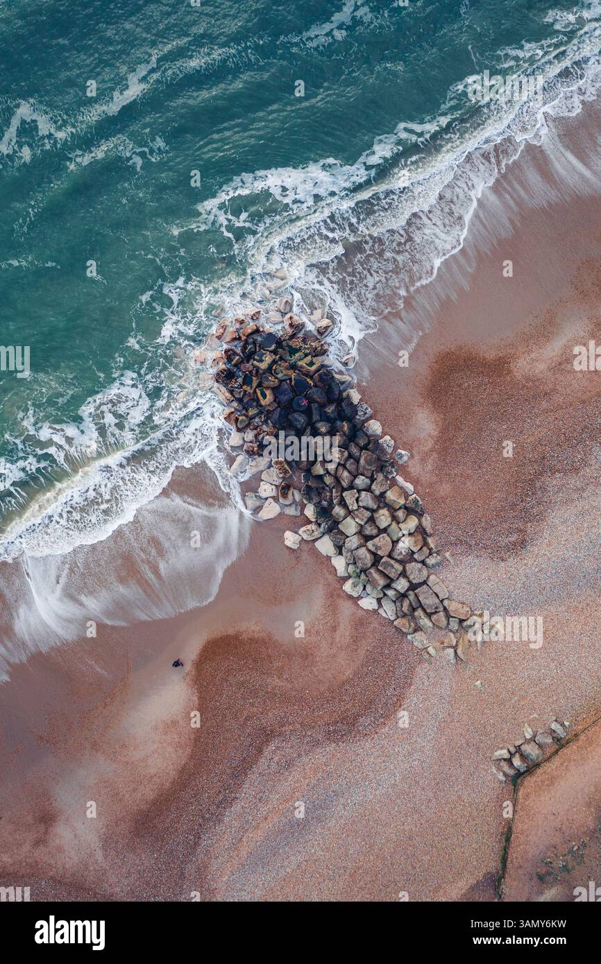 Aerial view of rocks on the beach shore in Bournemouth, UK Stock Photo ...