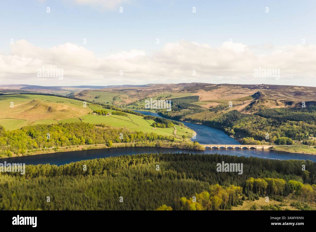 Aerial view of a bridge crossing the lake in Ladybower Reservoir, Snake ...