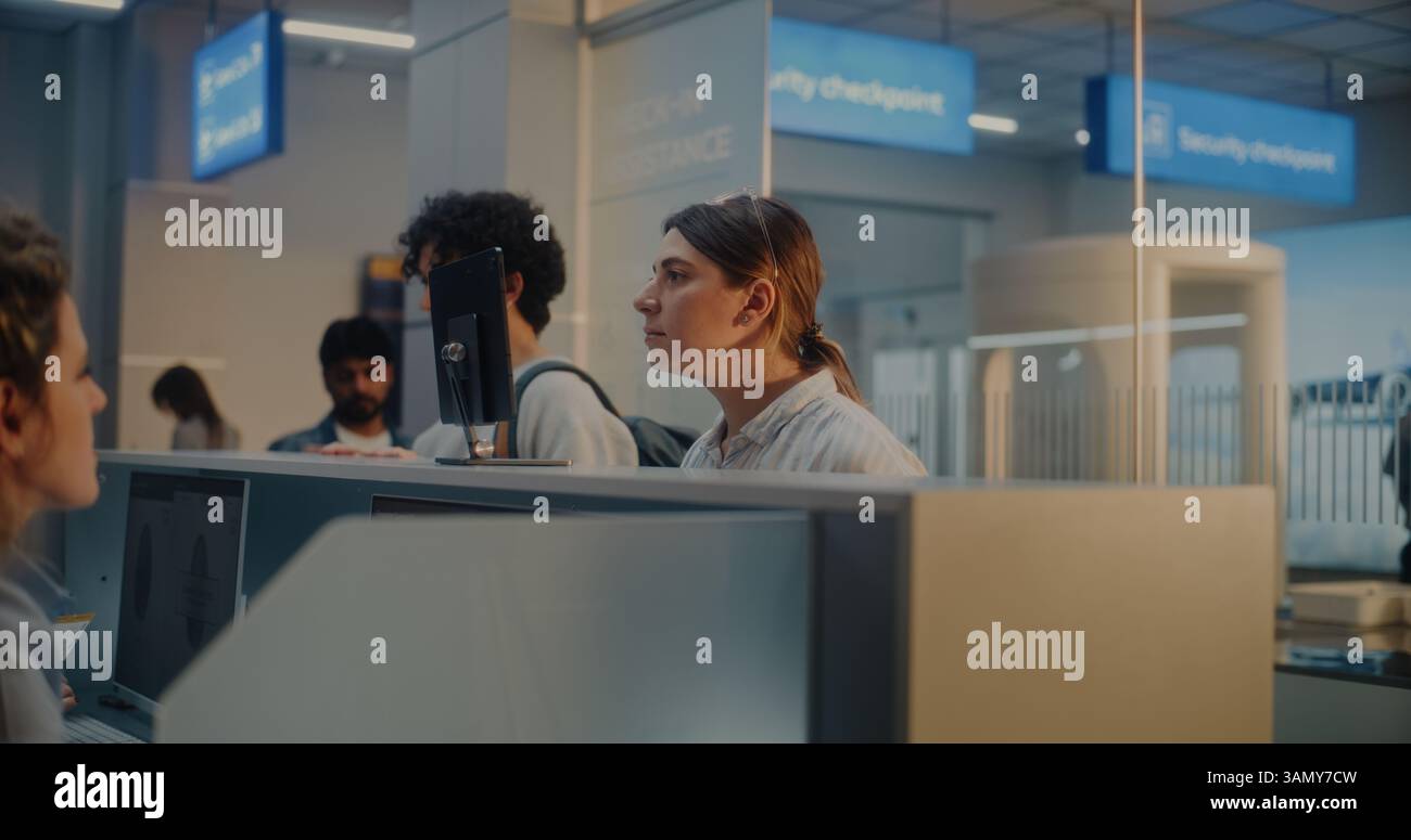 Airport Check-in Counter: Woman Giving Passport and Airplane Ticket to ...