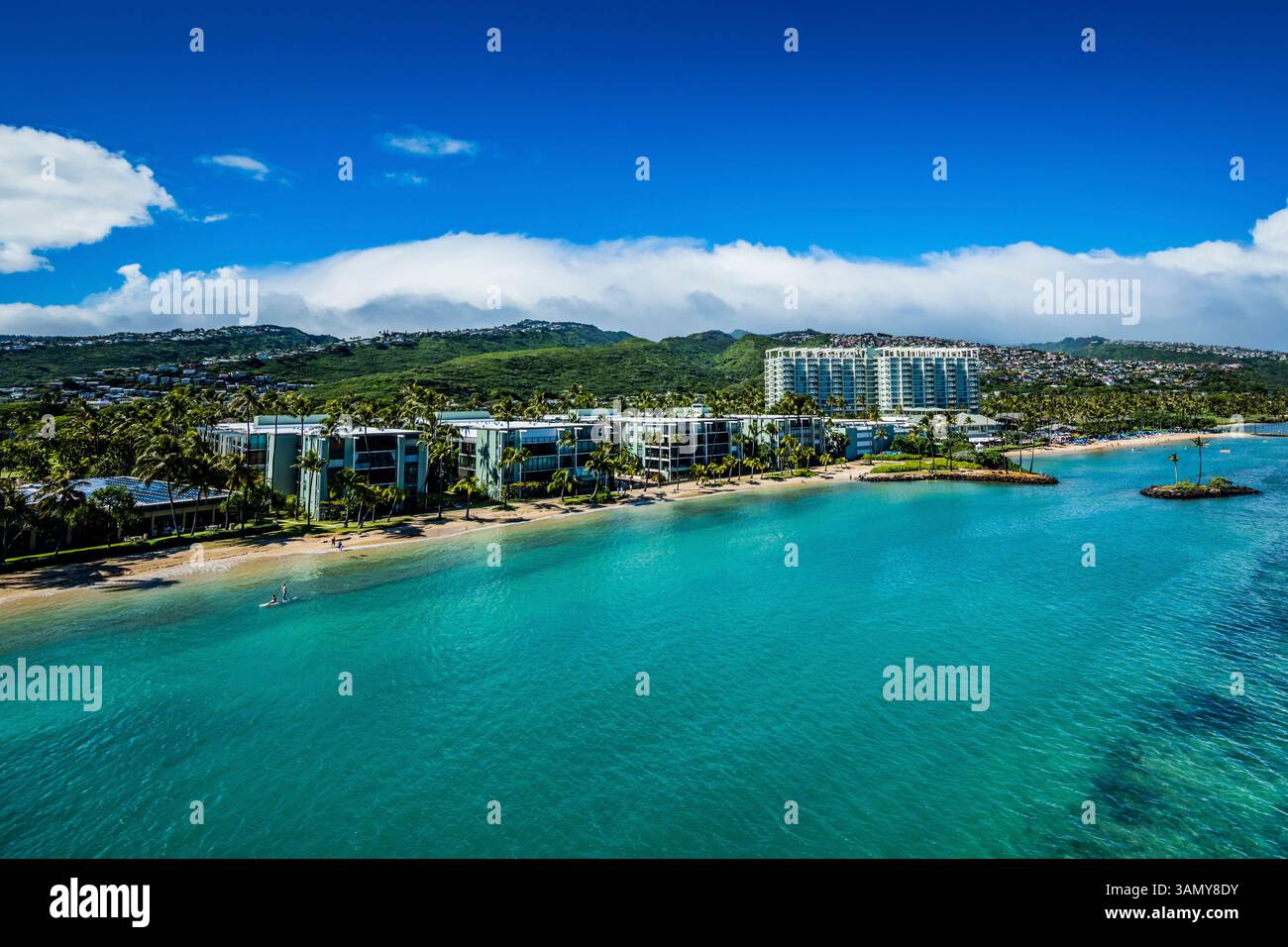 Aerial view of Kahala Condos, canoe, beach, ocean, and mountains, Oahu ...