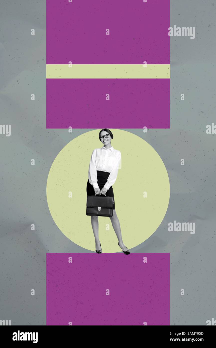 Trend collage of person stand circle geometry figure over grey purple ...