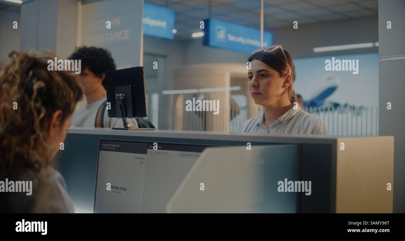 Airport Check-in Counter: Woman Giving Passport and Airplane Ticket to ...