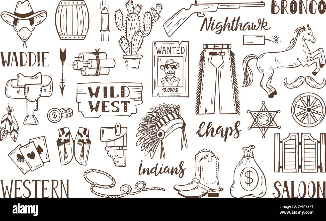 Cowboy doodle elements. Western collection, hand drawn salon wooden ...