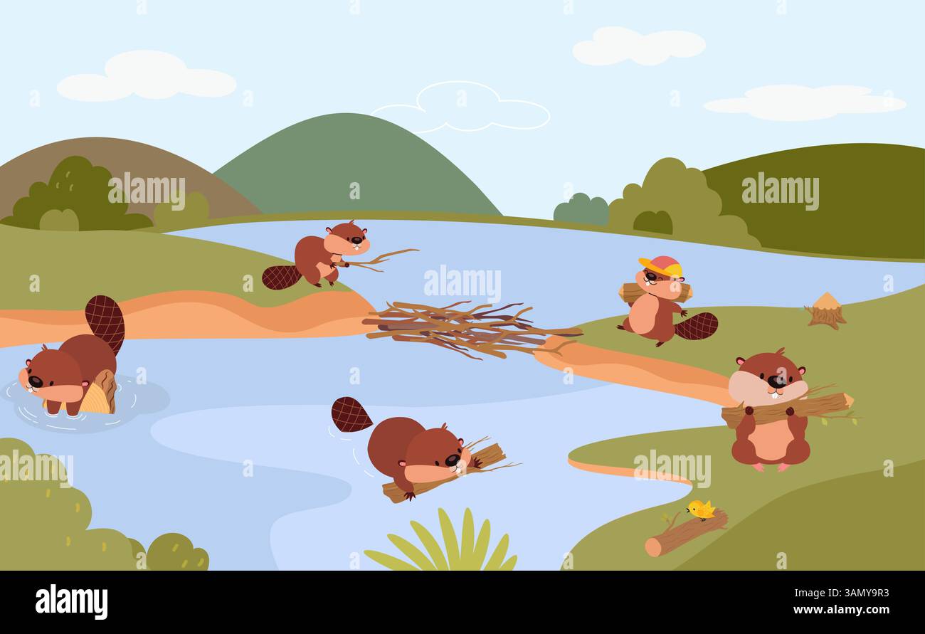 Beavers building. Cartoon beaver team build dam on river from wooden ...
