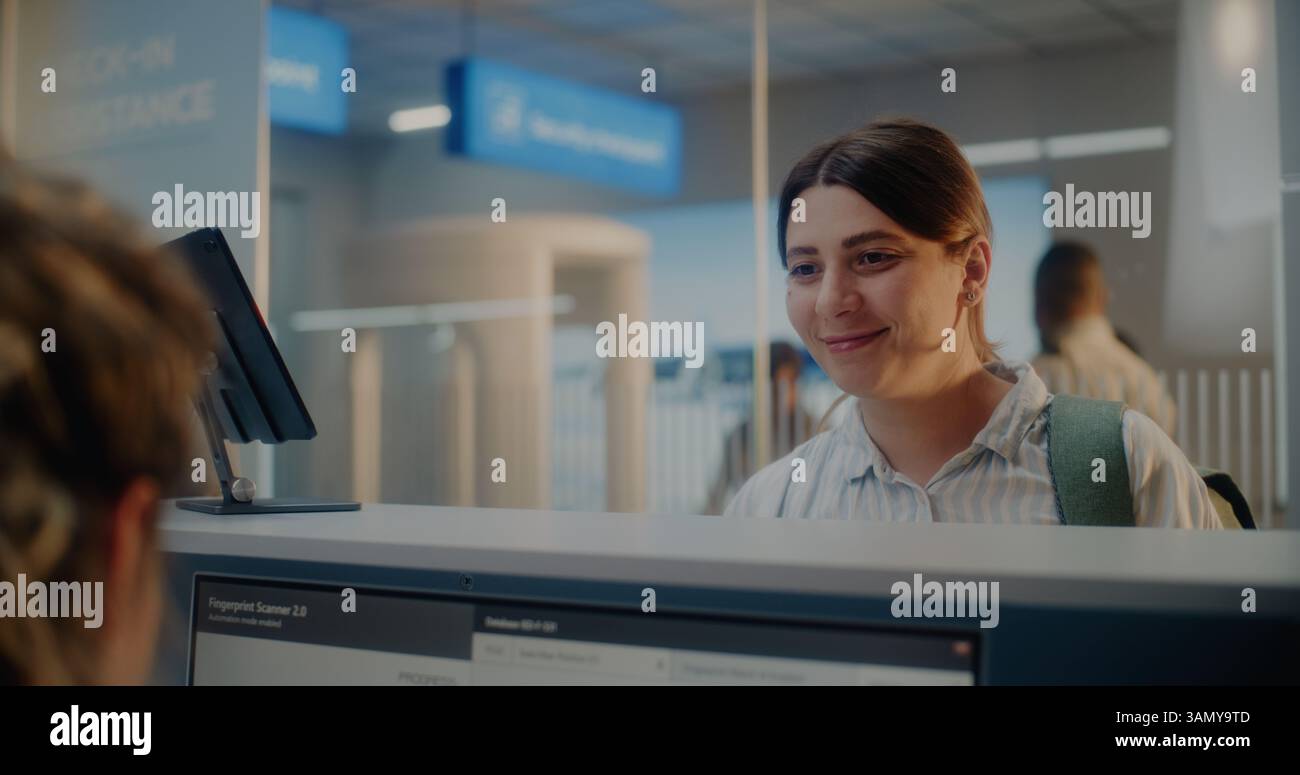 Airport Check-in Counter: Passenger Doing Fingerprint Scanning. Female ...