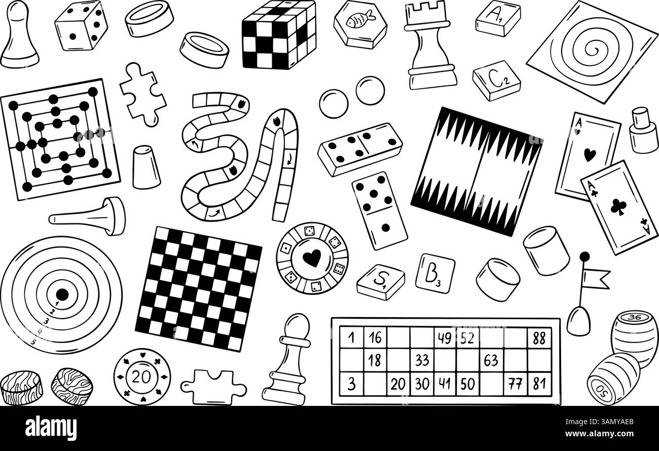 Board games doodle. Hand drawn chess lotto domino cards. Various game ...
