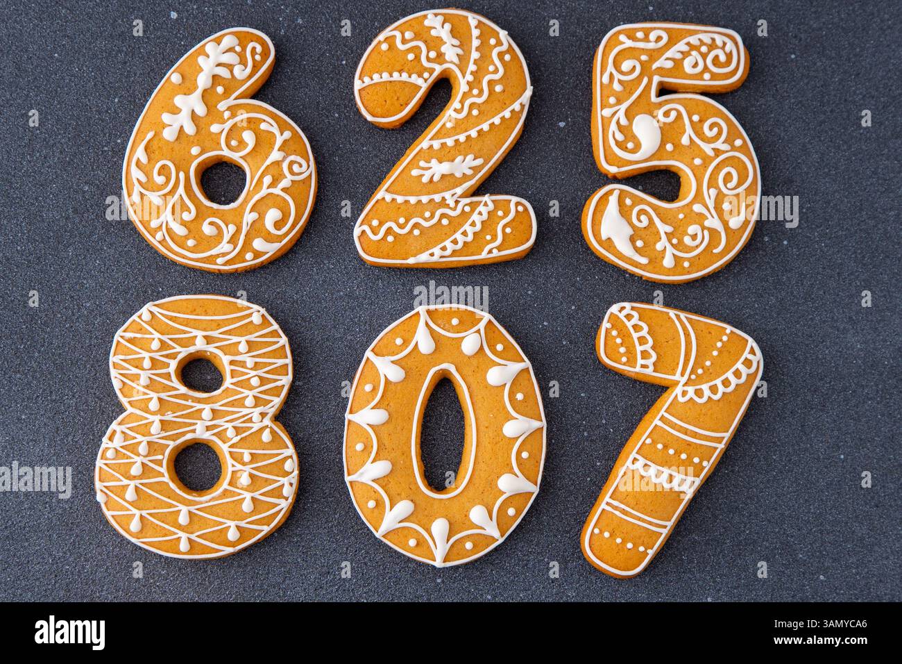 Iced Gingerbread Numbers Cookies food background. Christmas winter bake ...