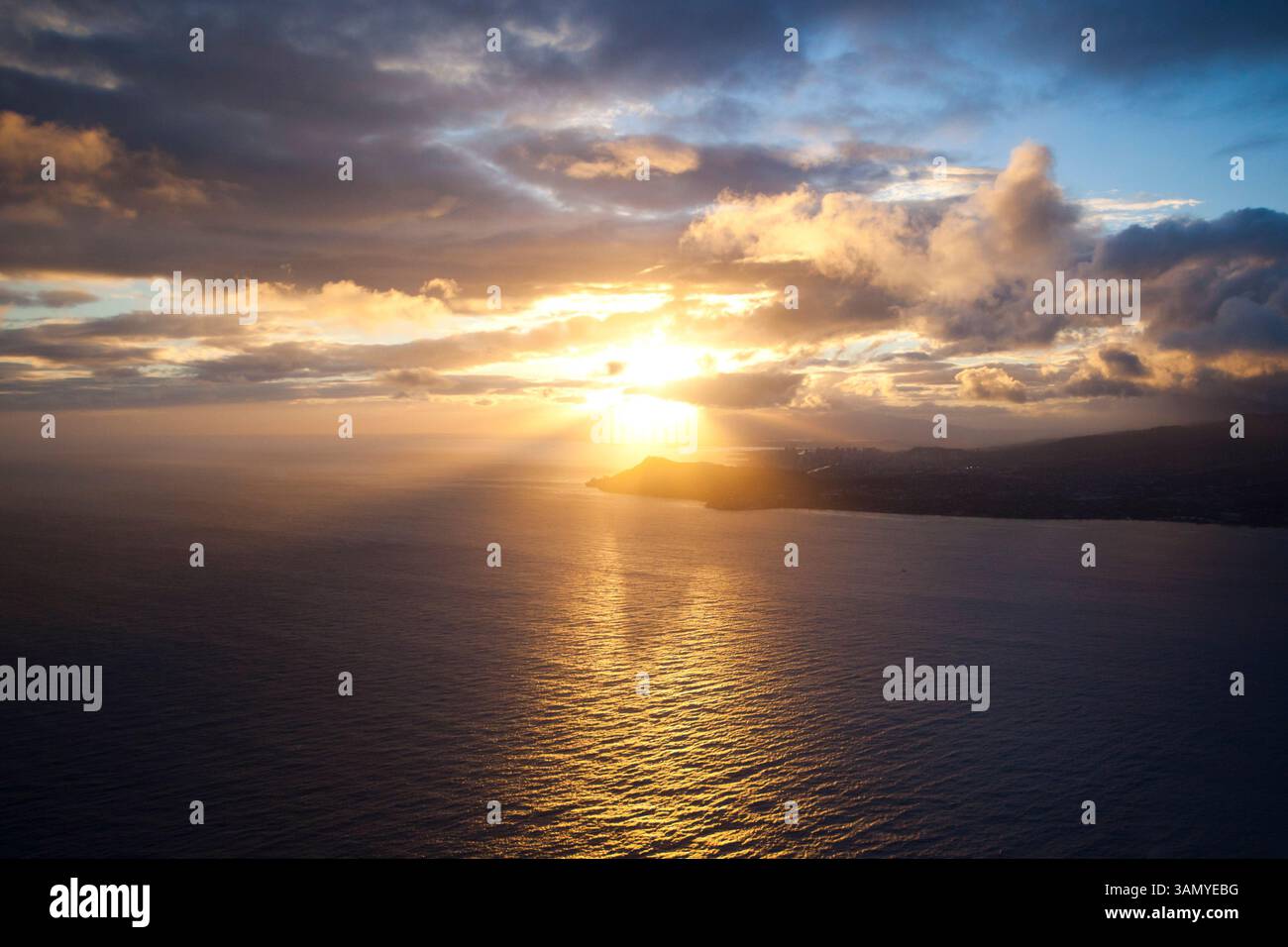 Aerial view of Diamond Head at sunset over Honolulu, Hawaii, United ...