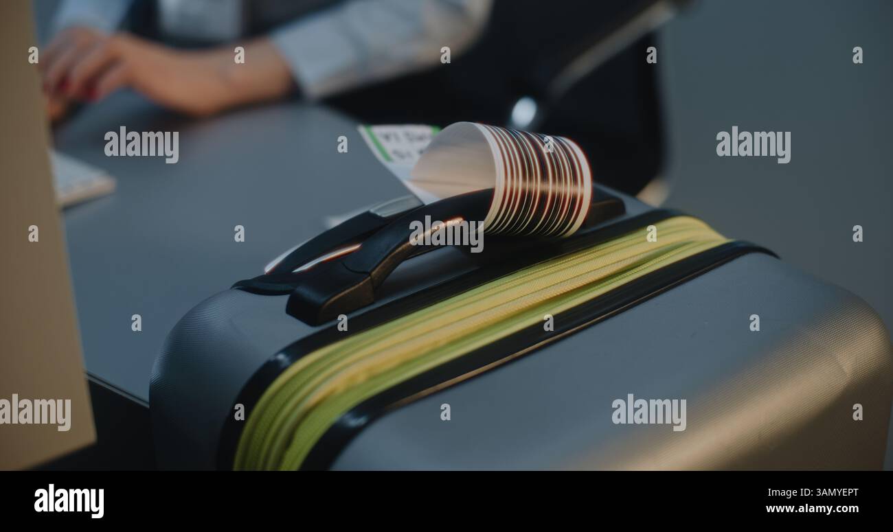 Airport Check-in Counter: Close Up of Female Airline Worker Putting ...