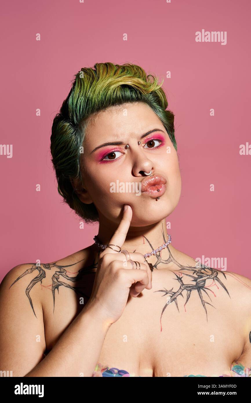 A confident young woman displays her unique fashion and beauty against ...