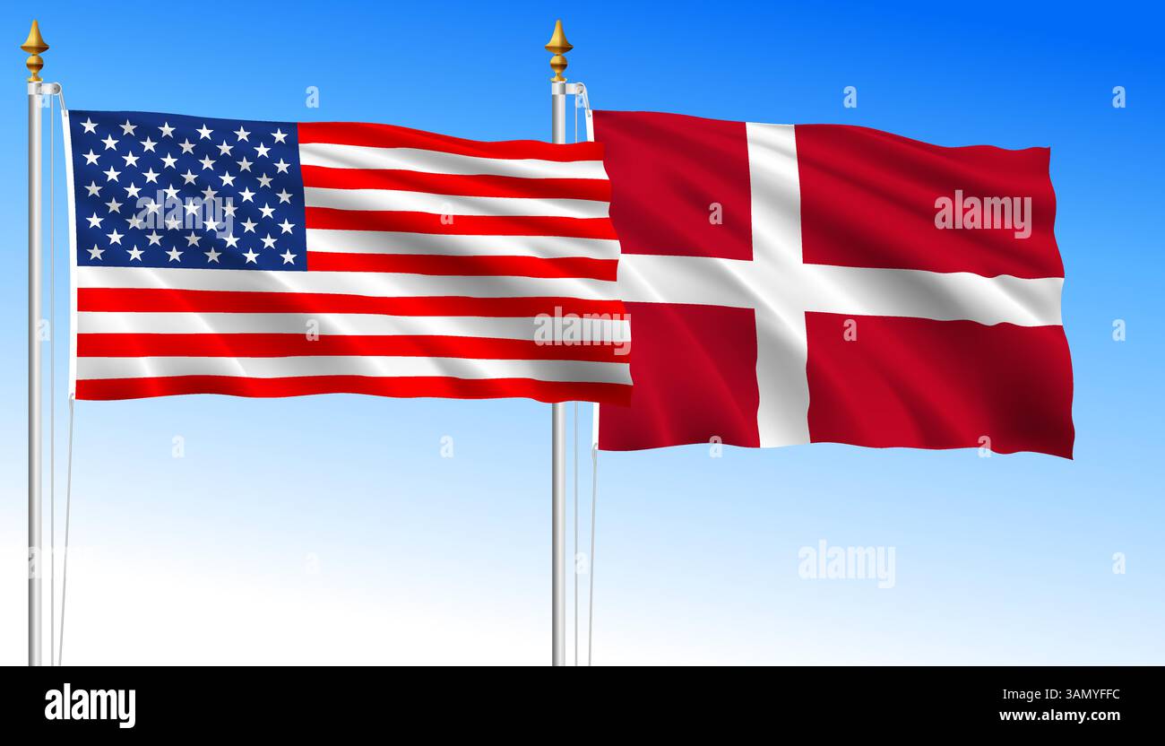 United States vs Denmark, waving flags on a sky blue background, vector ...