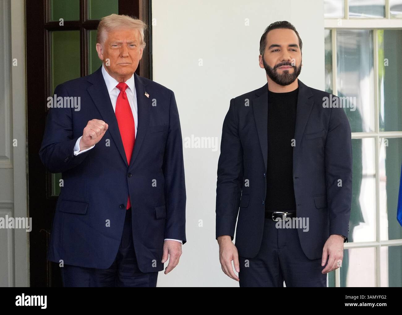 President Donald Trump, left, gestures as he greets El Salvador's ...