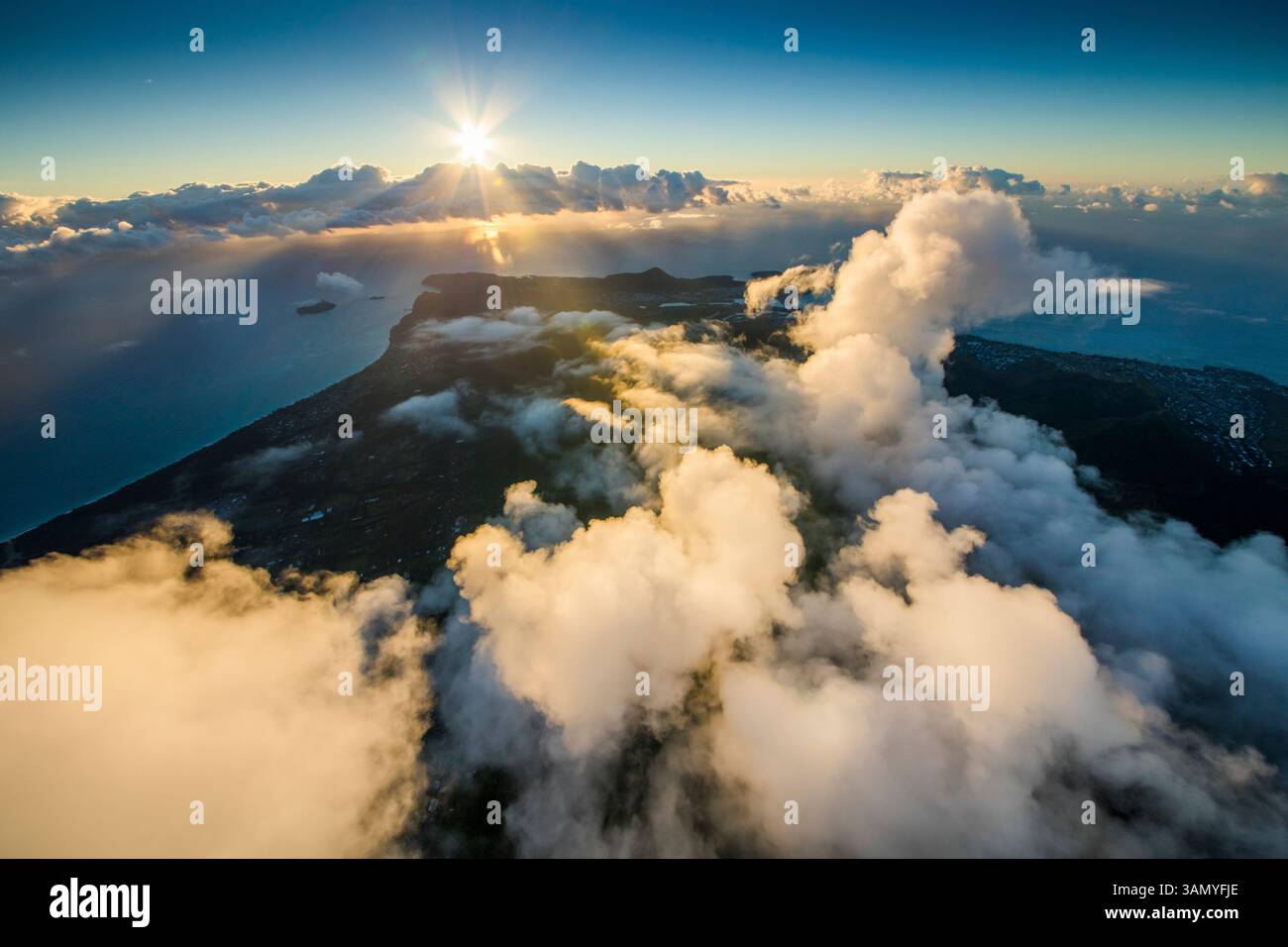 Aerial view of dramatic sunset over Koolau volcano, Hawaii Stock Photo ...