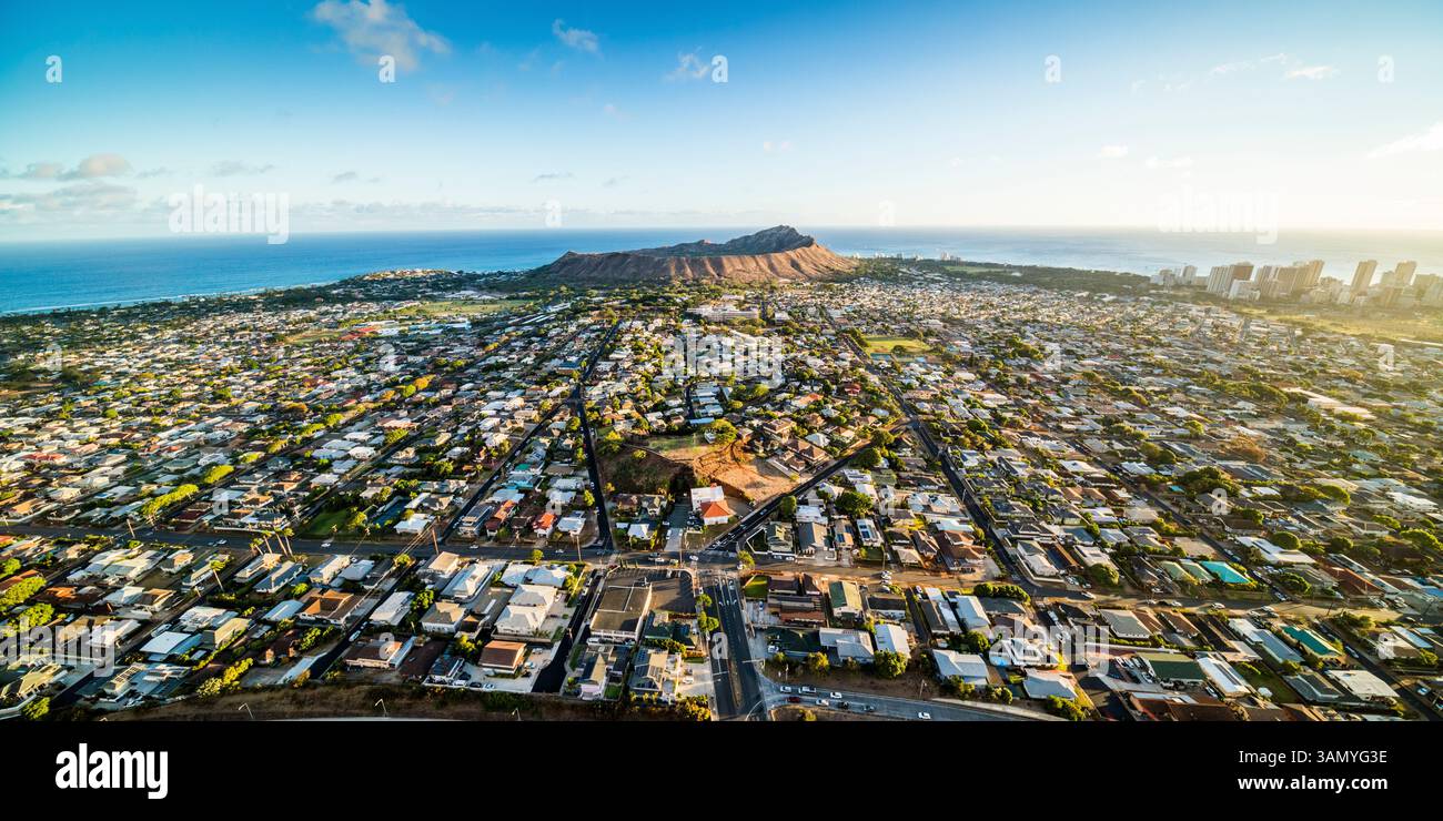 Aerial view of Diamond Head volcano overlooking Honolulu cityscape and ...