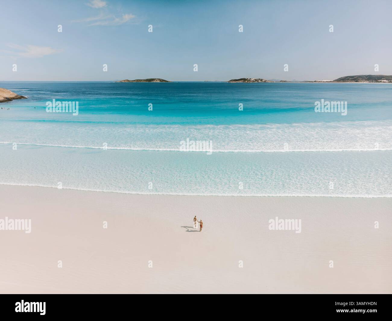 Aerial view of two people walking on Wharton Beach, Esperance, Western ...