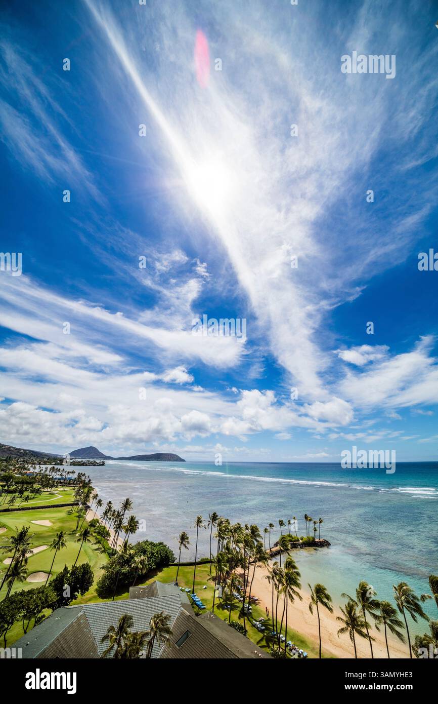 Aerial view of Kahala Beach with palm trees and golf course, Honolulu ...