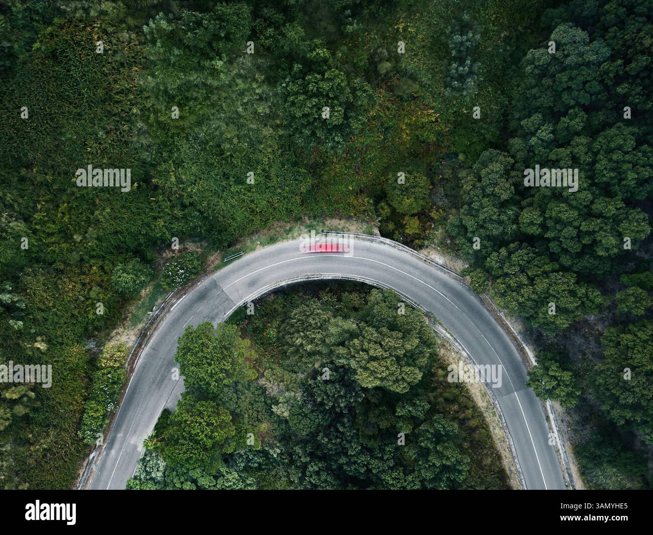 Aerial view of a single red car traveling fast on a road in the woods ...