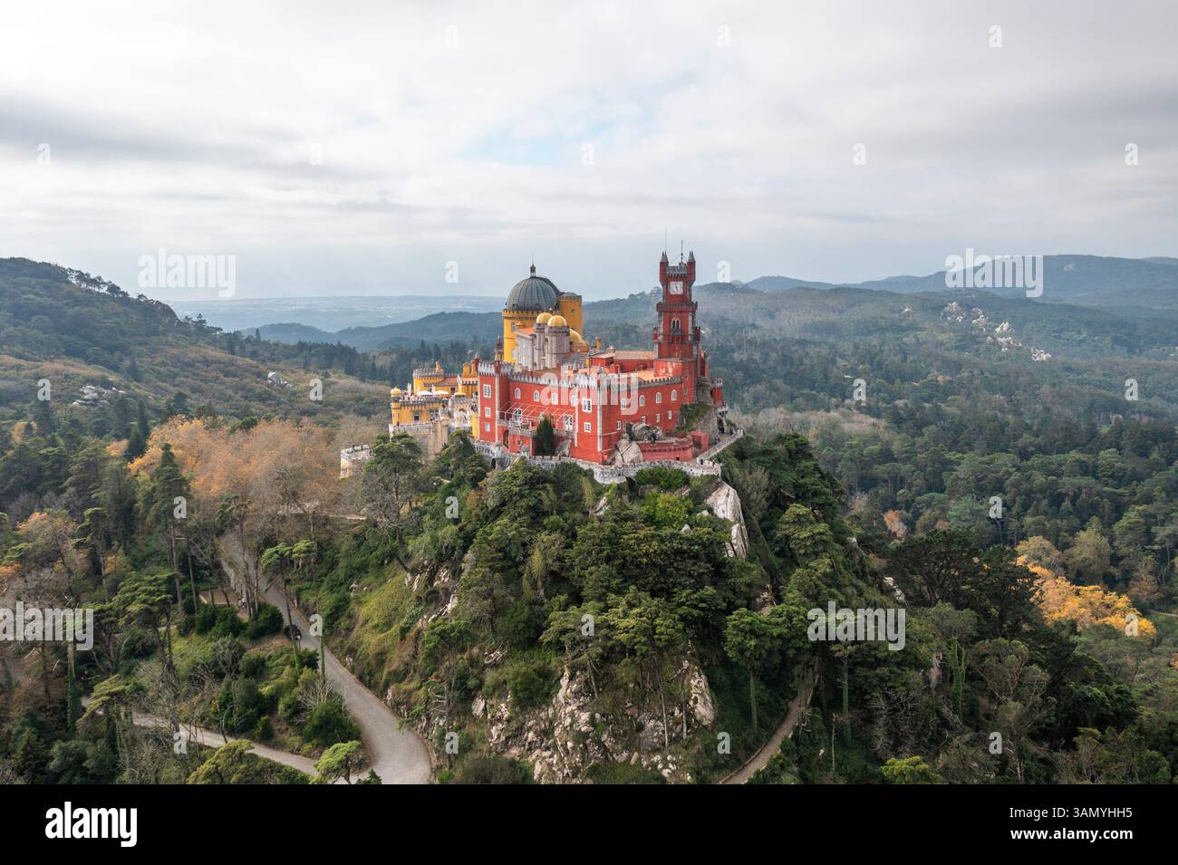 Aerial view of Pena Palace, a beautiful castle on hilltop in Sintra ...