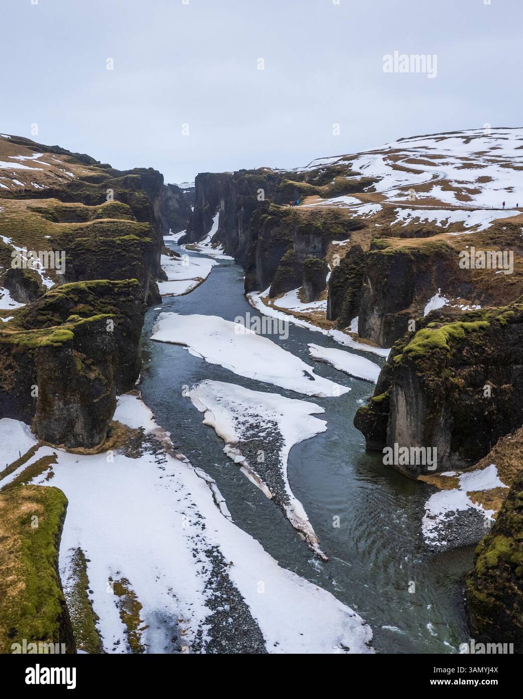 Aerial view of Fjardarargljufur canyon with river in wintertime ...