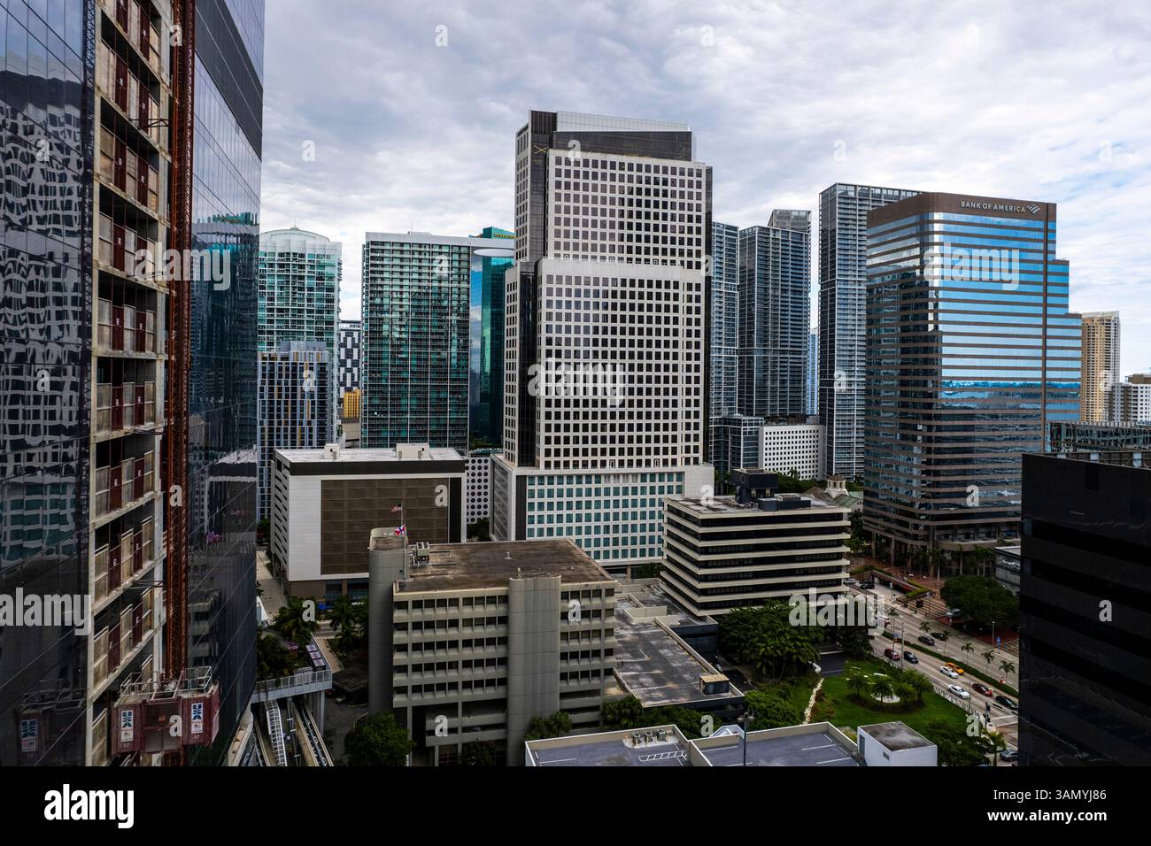Aerial view of modern skyscrapers and busy streets in Brickell, Miami ...