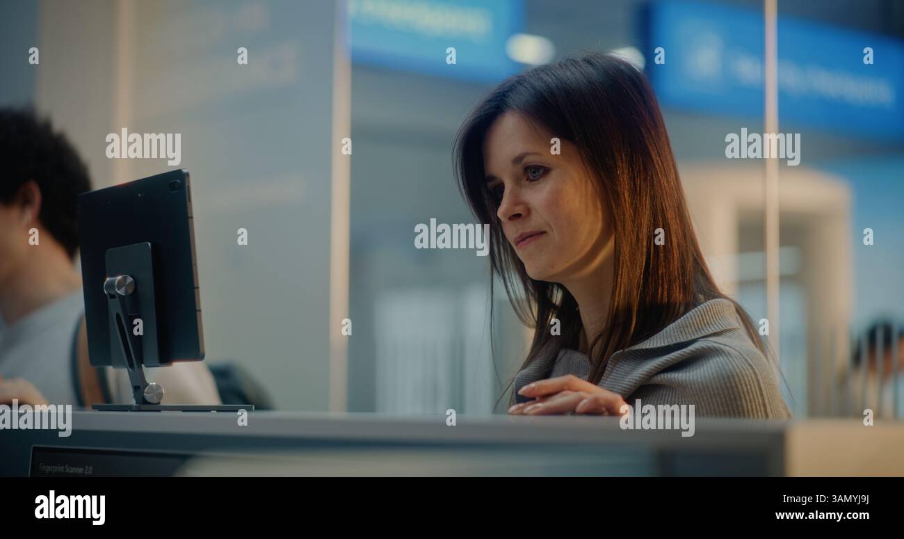 Diverse Passengers at Airport Check-in Counter: Close Up of Woman ...