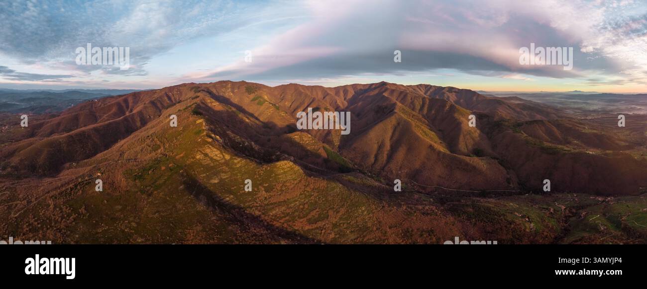 Panoramic aerial view of Tuscany mountains right before sunset Stock ...