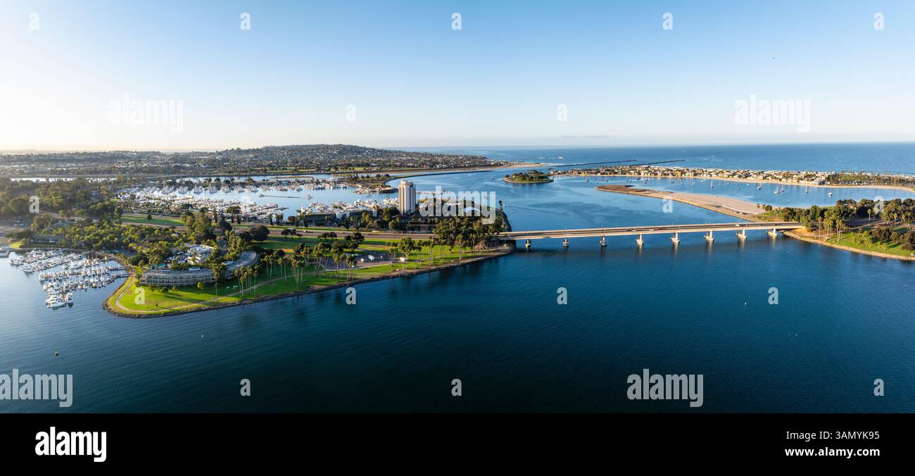 Aerial view of Mission Bay with a beautiful bridge and clear waterway ...