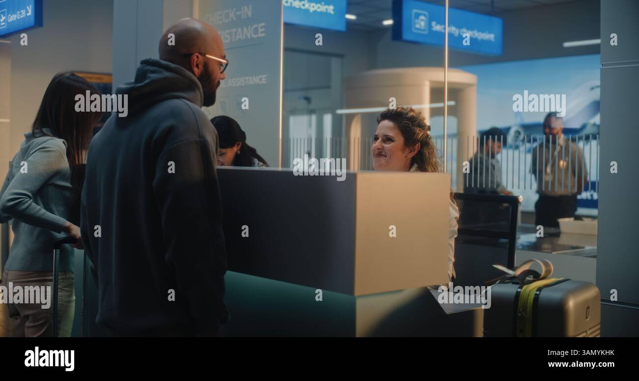 Diverse Passengers at Airport Counter: Female Airline Check-in ...