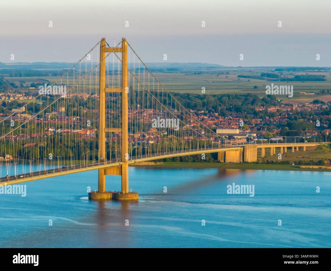 Aerial view of the Humber bridge crossing the Humber river, Hull ...