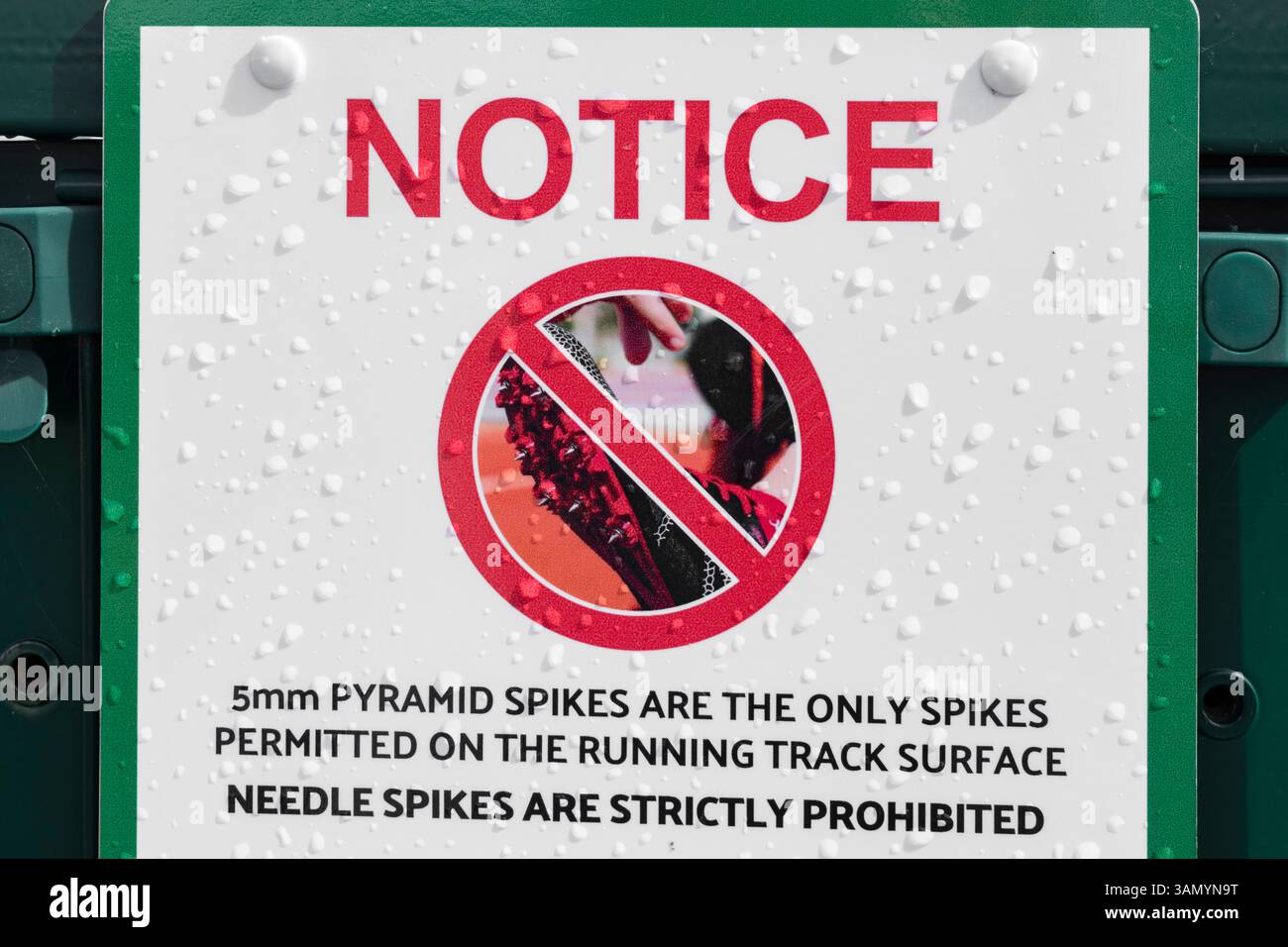 Sign of notice for runners. Needle Spikes are strictly prohibited Stock ...